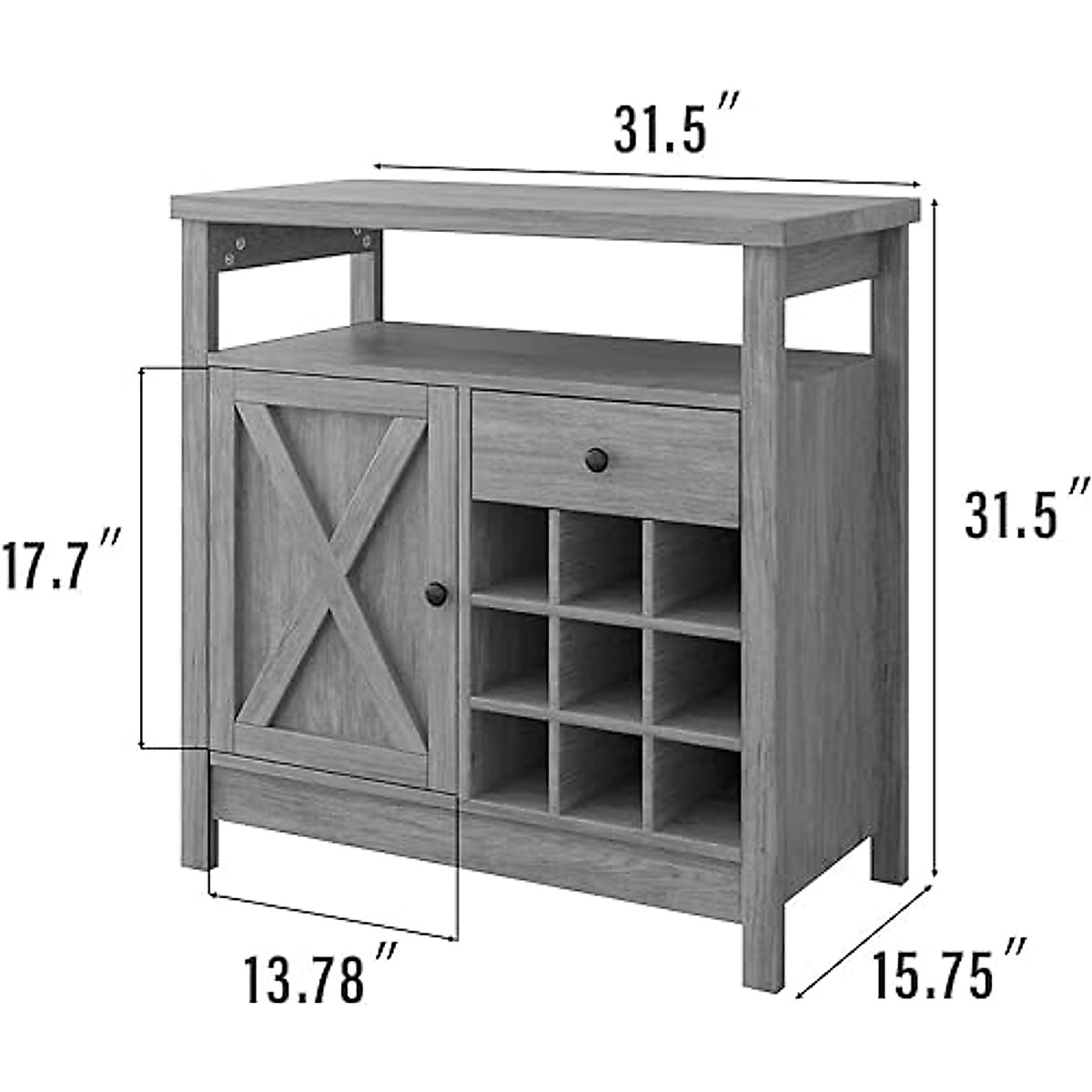 Farmhouse Coffee Bar Cabinet, 32'' Modern Kitchen Buffet Cabinet with Drawer, Coffee Station with Barn Door, 9 Wine Racks, Small Bar Cabinet with Shelf for Dining Room, Wash Gray