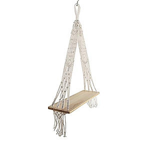 Flora Bunda Macrame Wall Hanging Shelf Indoor Plant Hanger Planter Rack Flower Pot Holder Wood Floating Shelf Organizer Hanger, Handmade Cotton Rope Boho Home Décor Wall Decor (with Wood Plate) 33”H