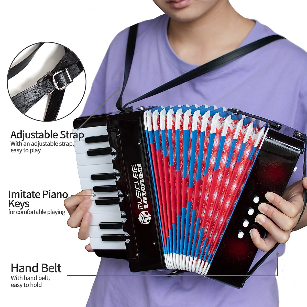 MUSICUBE Accordion Instrument for Kids 17 Keys 8 Bass Accordion with Straps for Beginners Adults Student Educational Musical Instrument Toy for Boys Girls Aged 3+ Gift Choice (BLACK)