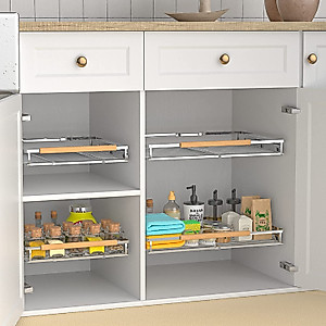 MIYUPTC Expandable Sliding Basket, Pull-Out Cabinet Organizer, Heavy Duty Slide Out Pantry Shelves Sliding Drawer Storage for Kitchen, Under Sink, Wardrobe, 2 Pack Chrome 16.6''-27.8''W x 22''D