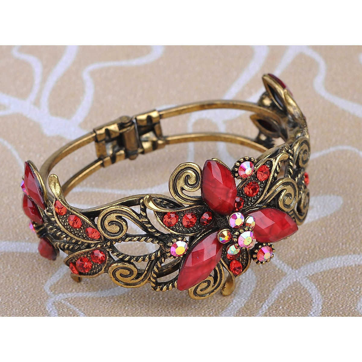 Alilang Womens Antique Golden Tone Red Rhinestone Floral Lily Poinsettia Flower Bangle Cuff Bracelet