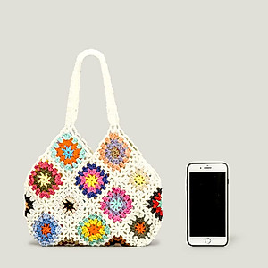Bohemian Crochet Women Bags Plaid Lady Handbags Handmade Woven Knitted Summer Beach Bag Small Tote Bali Purses White