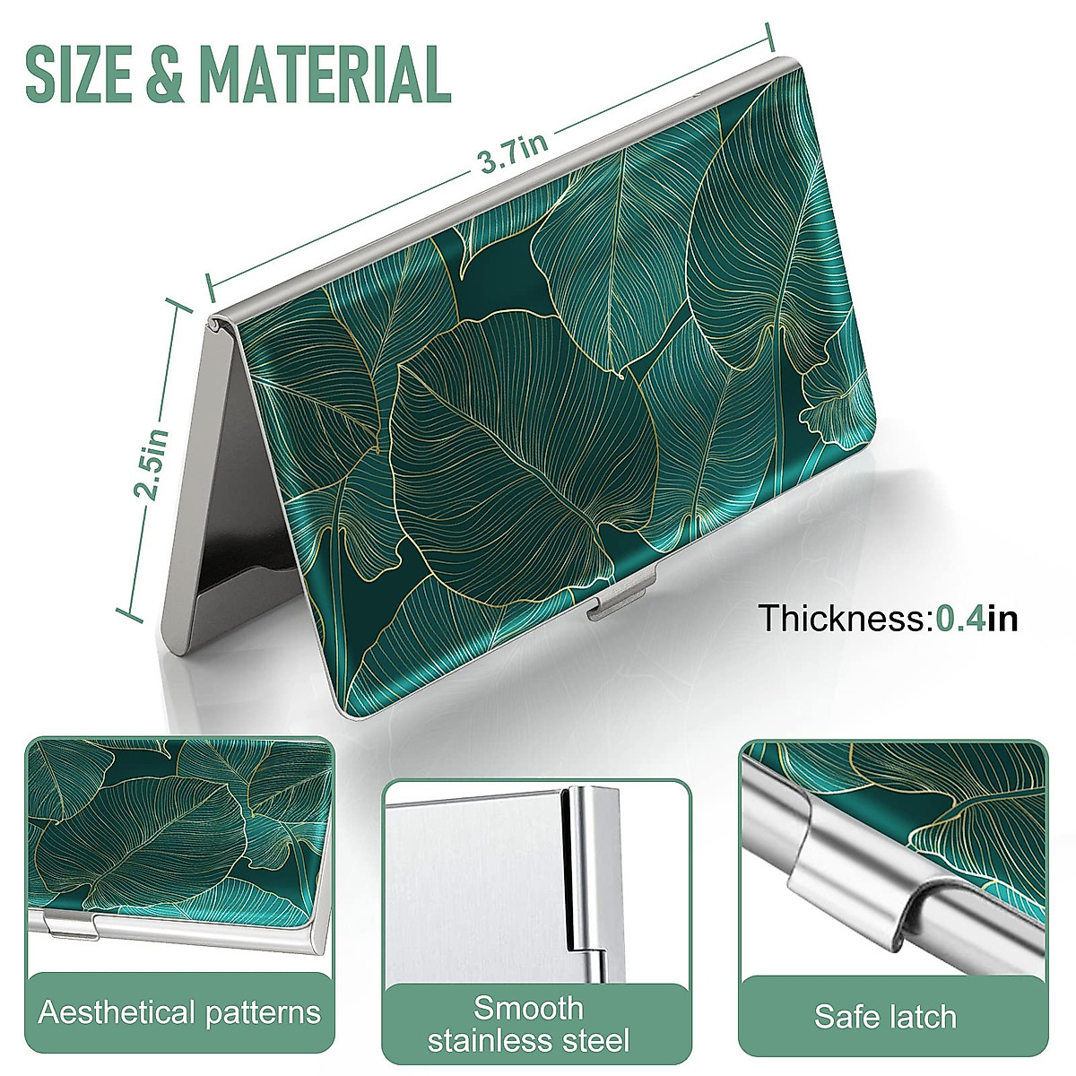 Swooflia Business Card Holder Case Wallet for Men Women Metal Green Tropical Leaves Slim Pocket Purse Square Card Cases Cute For Realtors Real Estate Agents