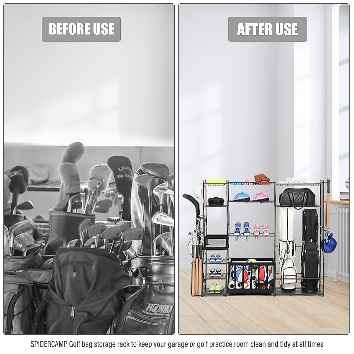 6.3FT Golf Bag Storage Garage Organizer,2 Golf Bag Storage Racks and Other Sports Equipment Organizer, Extra Large Storage Rack for Garage,Holds Golf Clubs,Balls and Miscellaneous Items