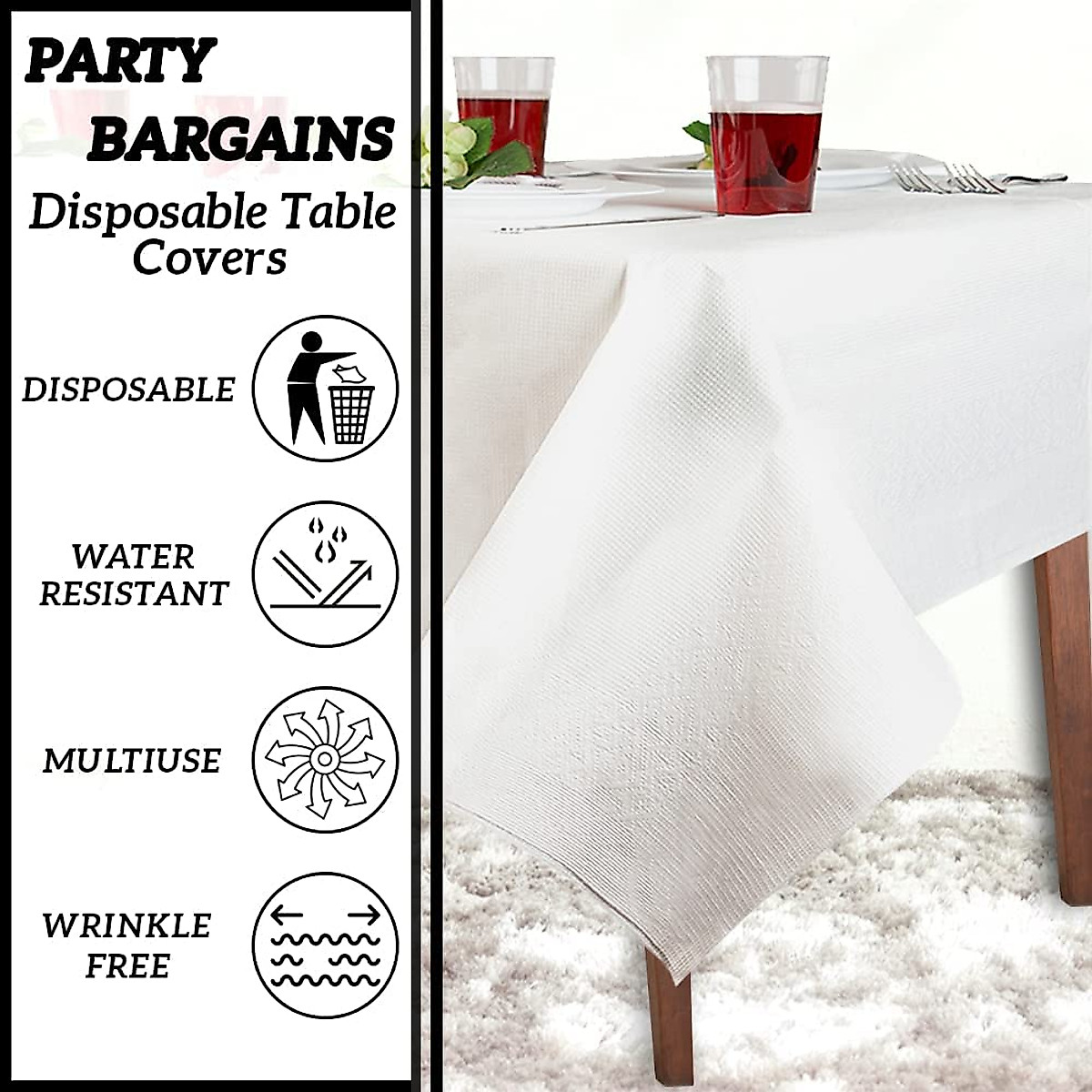 PARTY BARGAINS 5 Disposable Table Covers - 54" X 108", 3 Ply Paper & Plastic White Table Cover