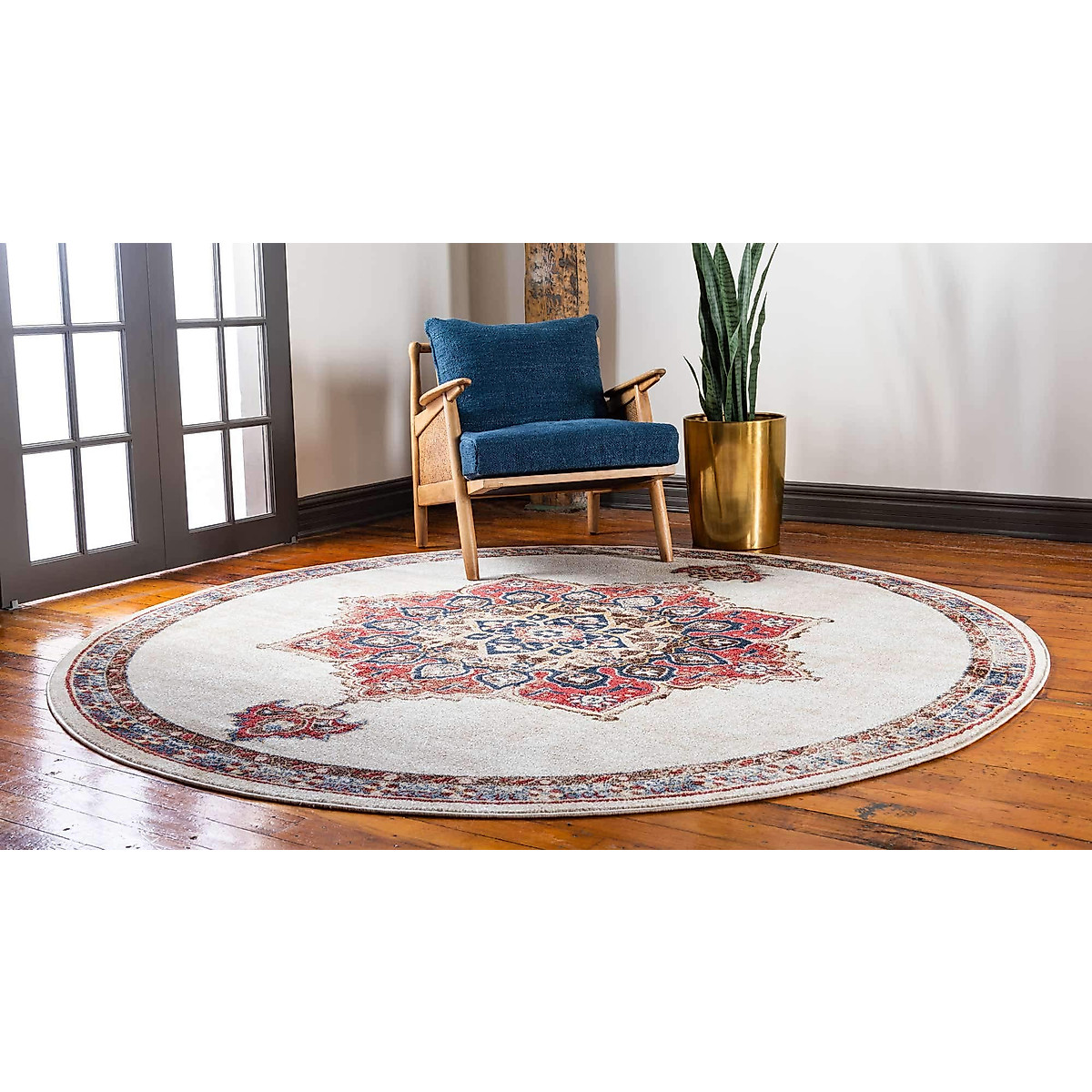 Unique Loom Utopia Collection Traditional Classic Vintage Inspired Area Rug with Warm Hues, 7' Round, Cream/Blue