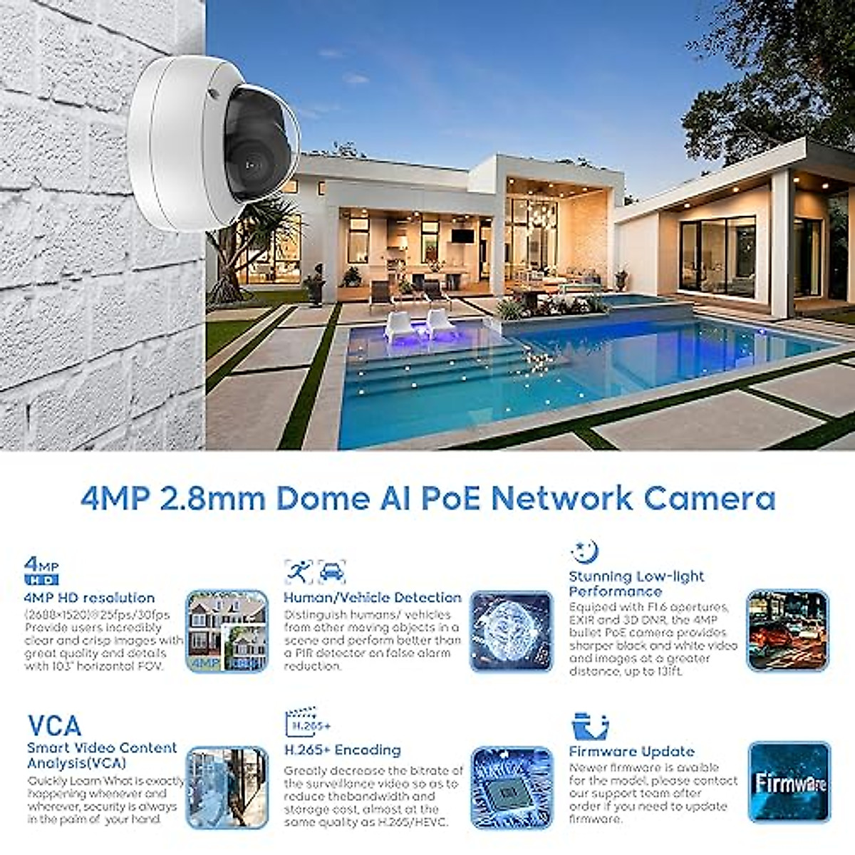 HITOSINO 4MP Dome PoE IP Camera - DarkFighter 0.003 Lux@F1.4, Smart VCA Human/Vehicle Detection, 98ft Night Vision, Mic, Alarm Input/Output, Metal IP67 IK10