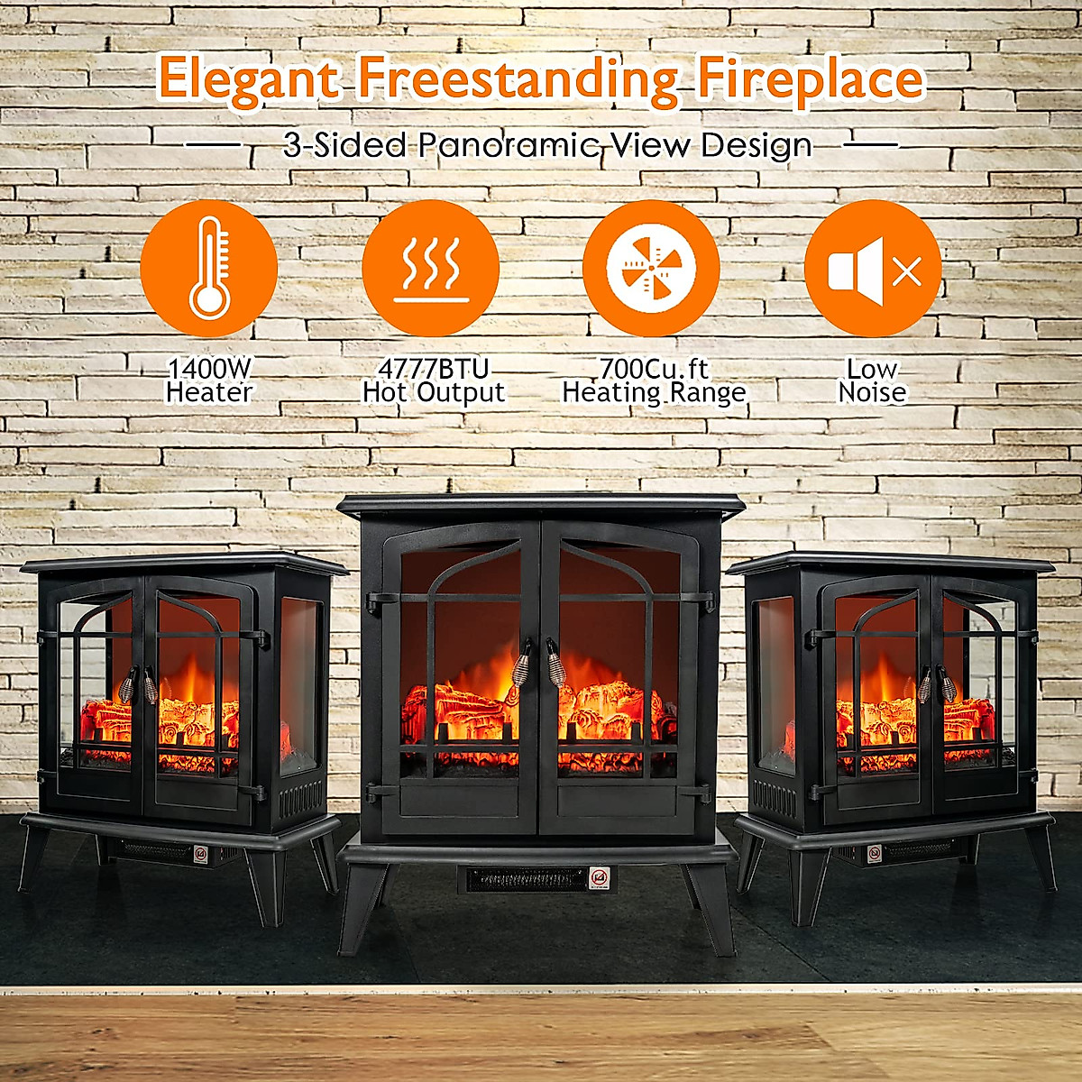 ORALNER Electric Fireplace Heater 25-Inch, Freestanding Fireplace Stove with Realistic 3D Flame Effect, Overheat Protection, Portable Fireplace for Living Room，Bedroom, 1400W, Black