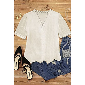 Dokotoo Womens Ladies Summer Fall Sexy Lace Crochet V Neck Short Sleeve Pom Pom Boho Shirts 2024 Spring Casual Loose Solid Chiffon Blouses for Women Tops Apricot XL