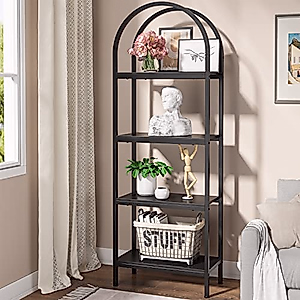 LITTLE TREE 4-Tier Arched Bookshelf, Tall Open Bookcase Storage Shelves, Wood Metal Freestanding Display Rack Tall Shelving Unit for Home Office, Bedroom, Living Room, Industrial Black