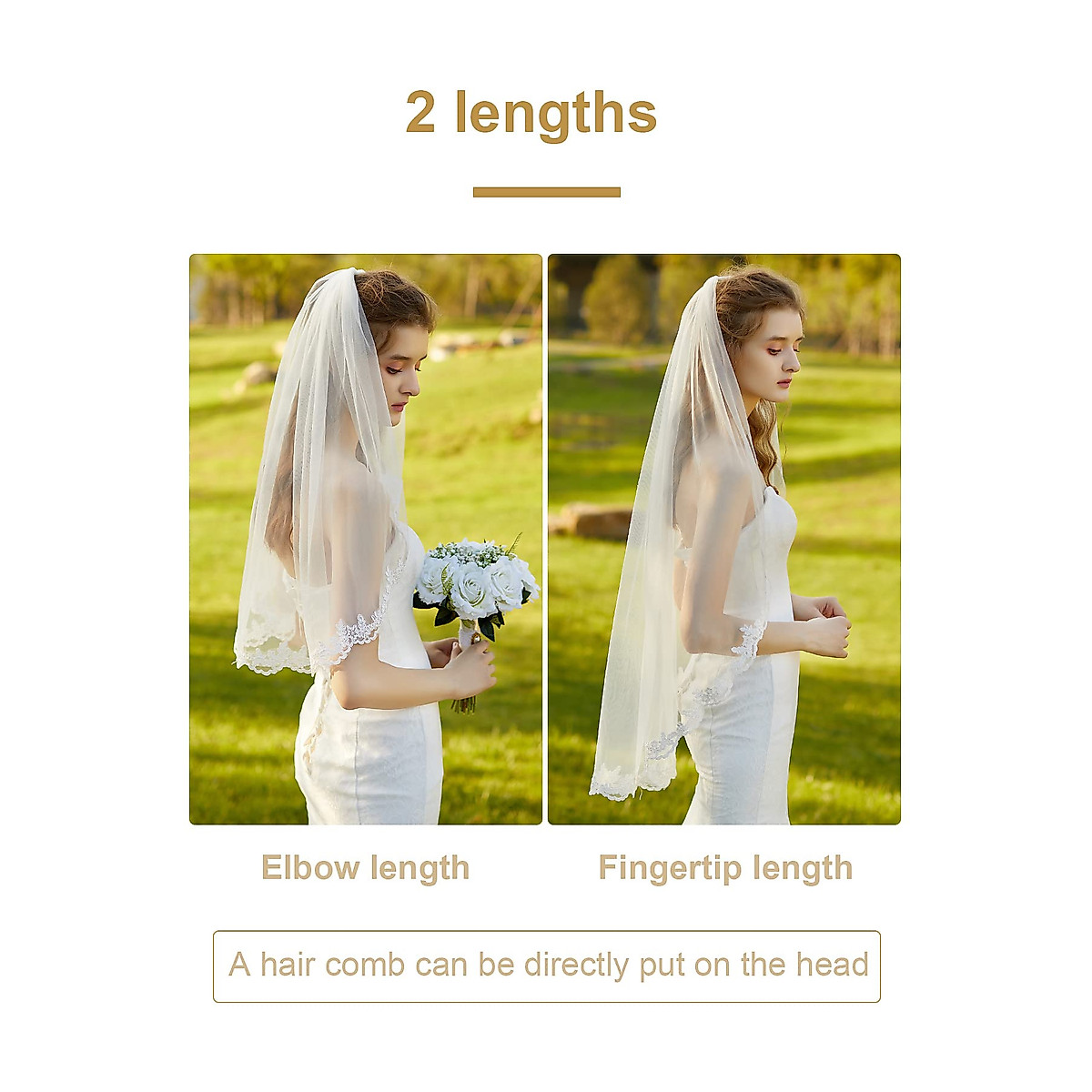 BEAUTELICATE Wedding Bridal Veil with Comb 1 Tier Lace Applique Edge Fingertip Length 36" Ivory