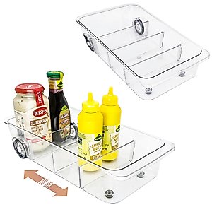 Ynelyase Clear Refrigerator Organizer Bins Plastic for Pantry Freezer Drawer Storage with Wheels and Adjustable Dividers Caddy (7.6" Wide, 2 Pack)