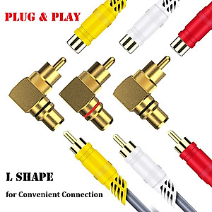 Warmstor RCA Right Angle Adapter, Gold-Plated 8-Pack 90 Degree Metal RCA Male to RCA Female Connector Adapter (4 Black + 4 Red)