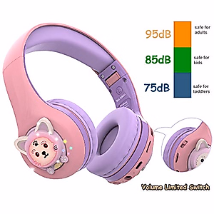 Riwbox Kids Headphones, Baosilon CB-7S Cat Kids Toddler Headphones with LED Light, 75/85/95dB Volume Limited, Kids Wireless Headphones with Mic for School/Tablet/Girls (Purple)