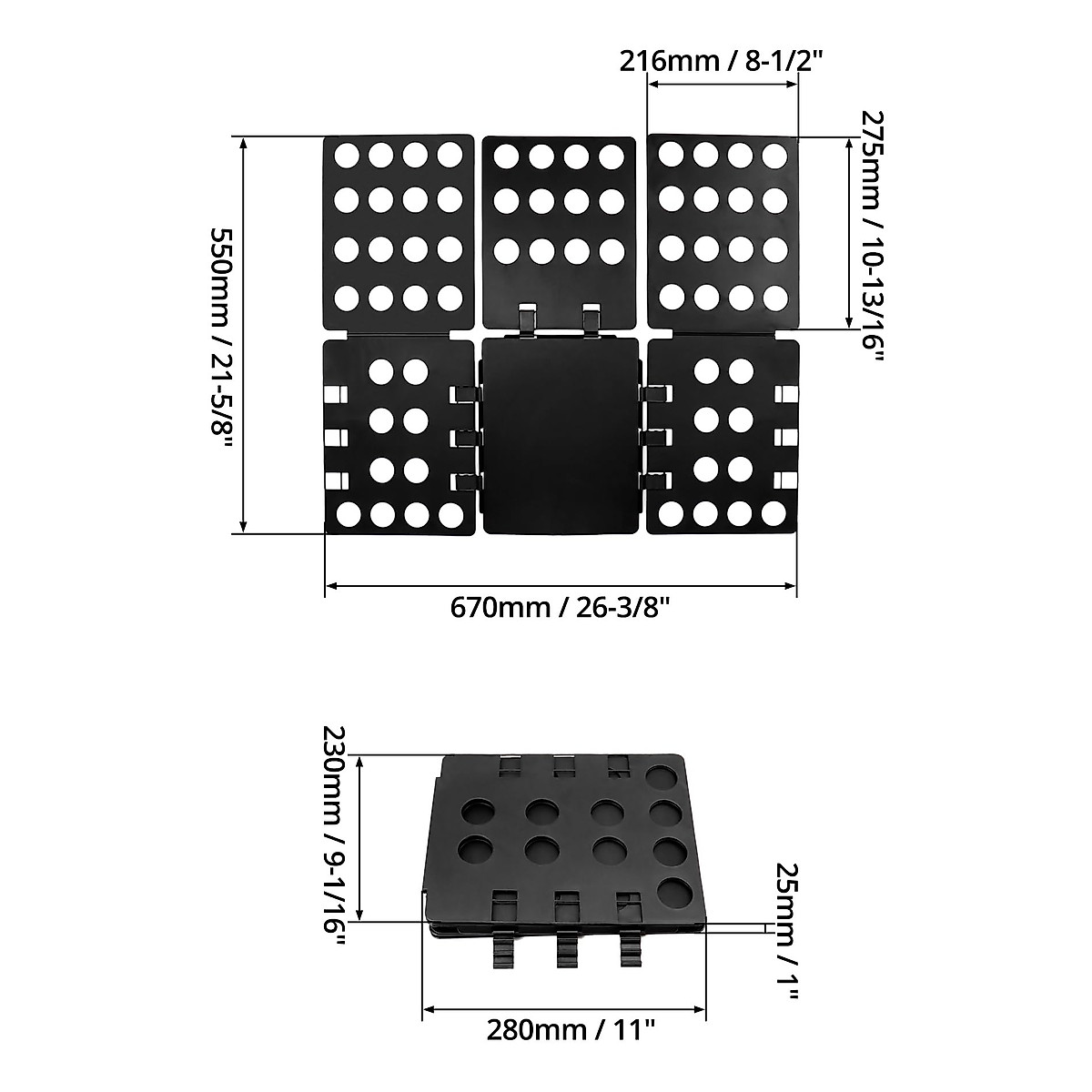 QWORK PP Composite Folding Board, 2 Pack Folding Clothes Board - Black + Blue, One-Hand Operation Laundry Folding Tool, Non-Slip Silicone Buckles, T Shirt Folder, Laundry Folders for All Garments