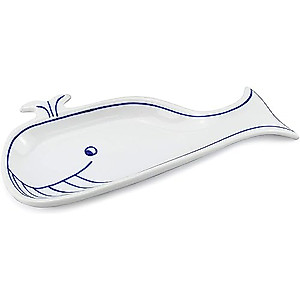 Cornucopia Whale Spoon Rest; Blue and White Ceramic Novelty Spoon Holder for Kitchen Stove