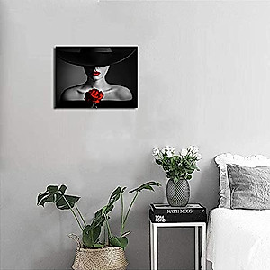 Paimuni Elegant Woman Canvas Wall Art for Living Room Black White Red Rose Prints Modern Wall Decor Ready to Hang 12x16 Inch