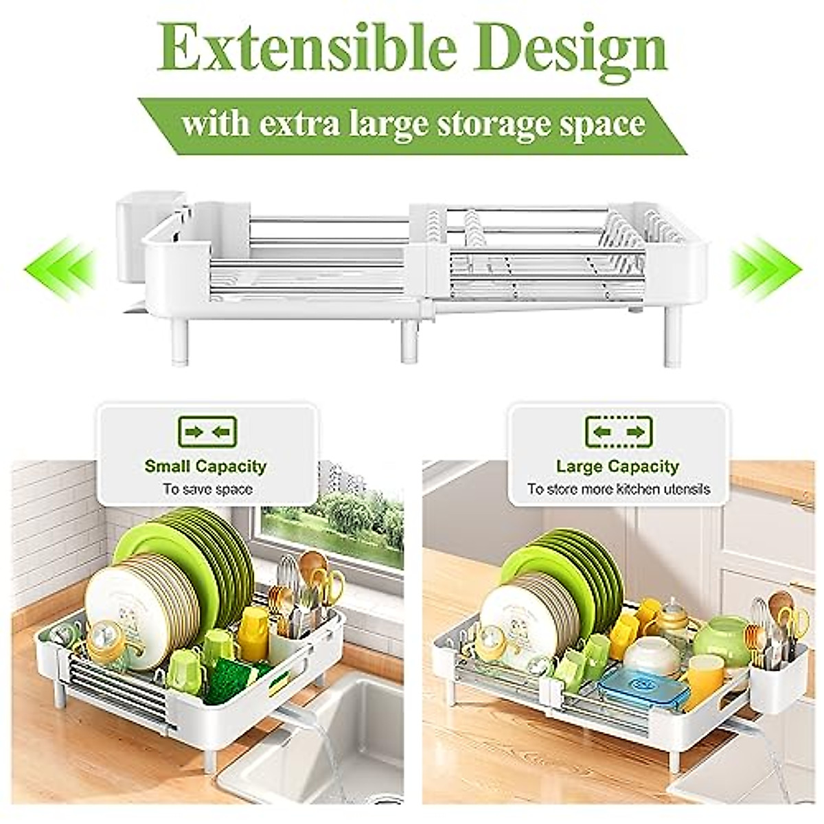 Kitchen Counter Dish Drainers Rack, Auto-Drain Expandable(13.2"-19.7") Stainless Steel Large Strainers Over Sink Drying Rack Drainboard with Utensil Holder Caddy Organizer, White