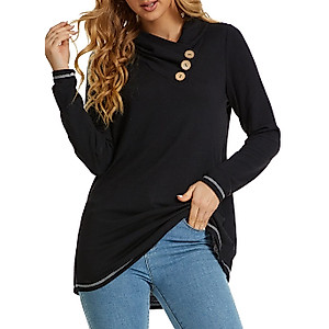 WEIYAN Women's Cowl Neck Tunic Long Sleeve Pullover Shirt Casual Sweatshirt Loose Tops with Buttons(Black,X-Large)
