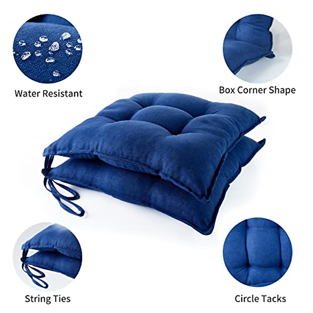 INRLKIT 2 Pieces Patio Cushions, Indoor/Outdoor Chair Seat Pads, Breathable Dining Chairs Seat Cushion for Dining Chairs, Filled Pearl Cotton with Straps, 19x19x4 Inch, Dark Blue