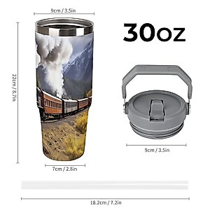 RTFGHJS Steam Locomotive Train 30 Oz Tumbler with Handle And Flip Straw, Stainless Steel Vacuum Insulated Travel Mug, Thermal Cup for Coffee, Water, Iced Drinks, Fits Car Cup Holders (Home, Sports)