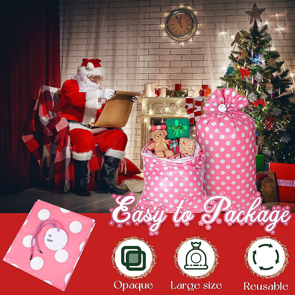 Sabary 2 Pcs 70 x 40 Inch Large Gift Bags Jumbo Huge Giant Gift Bags Plastic Thicken Oversized Bags for Treat, Goodies, Party, Gift Wrapping Supplies (Pink White Dots)