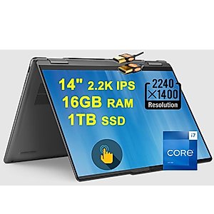 Lenovo Yoga 7i 2-in-1 Laptop 14" 2.2K IPS Touch 13th Gen Intel 10-Core i7-1355U 16GB RAM 1TB SSD Backlit Fingerprint Thunderbolt FHD Privacy Camera Long Battery Life Win11 Gray + HDMI Cable