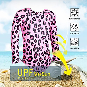 Alakuoti Long Sleeve One Piece Ruffle Swimsuit for Toddler Girls Baby Girl Rashguard Shirt with UPF 50+ Sun Protection (as1, Age, 0_Month, 12_Months, Pink Leopard)