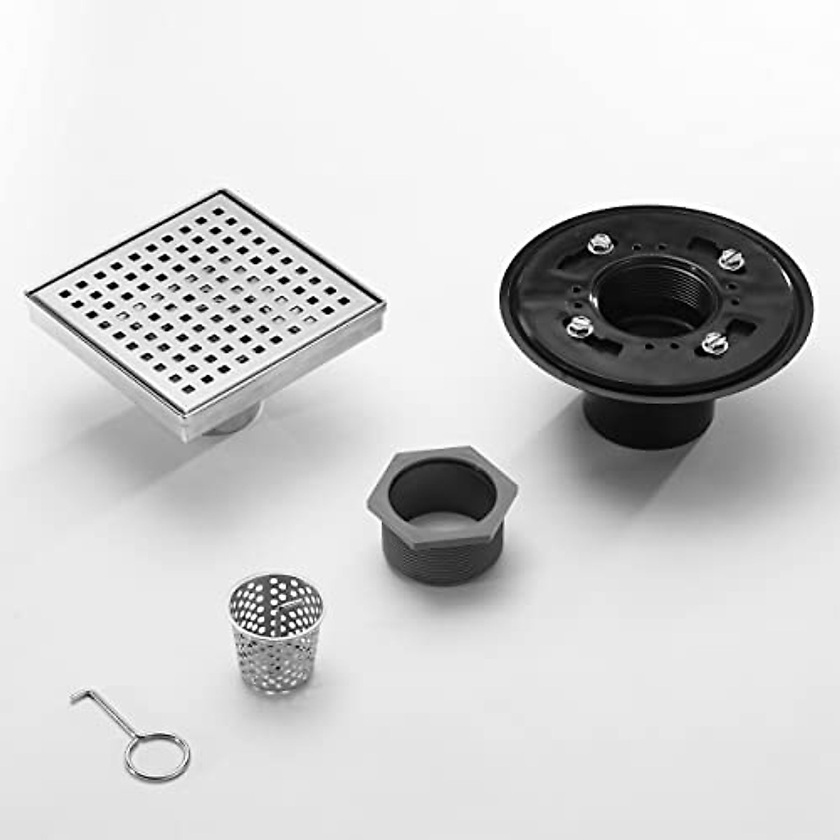 6 inch Square Shower Drain, Square Hole Pattern Shower Drain, Brushed 304 Stainless Steel Linear Drain with Leveling feet & Hair Strainer