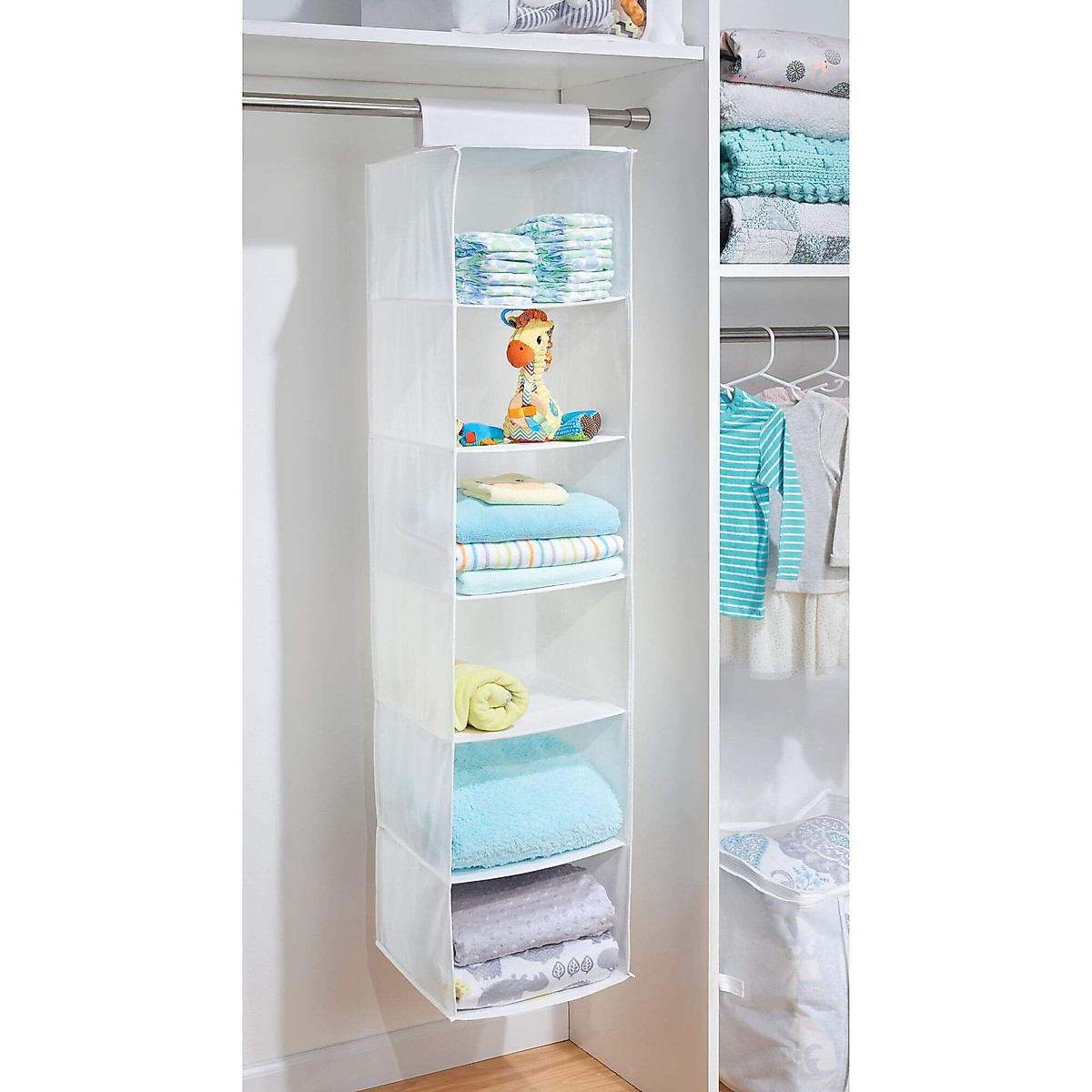 iDesign Fabric 6-Shelf Hanging Closet Storage Organizer for Clothing, Sweaters, Shoes, Accessories in Bedrooms, College Dorms, 11.75" x 11.75" x 50" - White