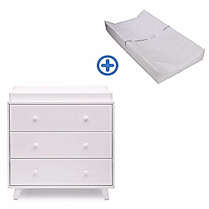 Delta Children Ava 3 Drawer Dresser with Changing Top, White and Contoured Changing Pad, White
