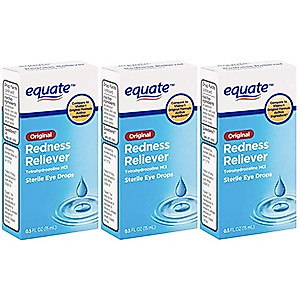 Equate Redness Reliever Sterile Eye Drops 0.5oz Dropper Bottle 3 Pack. Lubricant Gives Long Lasting Relief for Burning, Itching, & Dryness Fast! Cures Red Eyes with Active Ingredient Tetrahydrozoline.