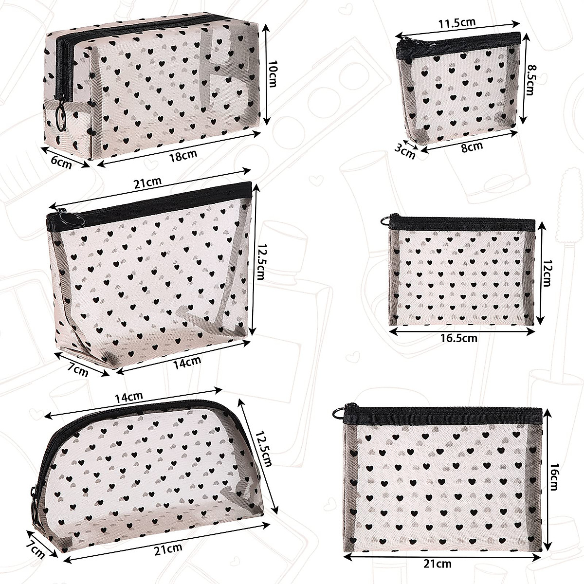 Frienda 6 Pieces Heart Makeup Bag Sets, Cute Heart Mesh Cosmetic Bag Mesh Zipper Makeup Toiletry Pouch Portable Travel Zipper Pouch for Women Vacation Travel, 6 Sizes(Beige and Black)