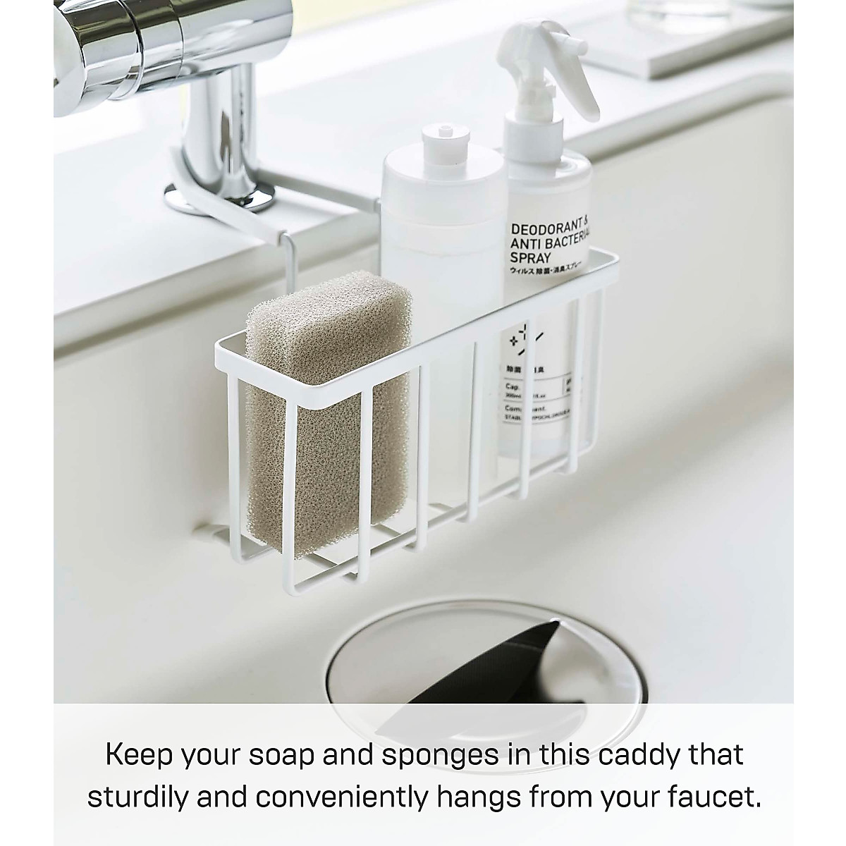 YAMAZAKI Home Faucet-Hanging Sponge Caddy Kitchen Sink Dish Soap Bottle Brush Scrubber Organizer Holder, Metal with Silicone Protection | Steel, One Size, White