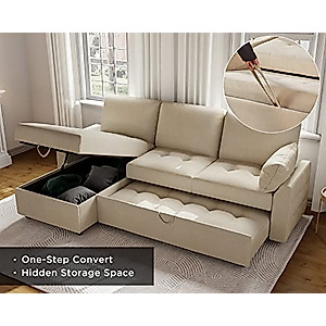 VanAcc Pull Out Convertible Sofa Bed with Storage Chaise, Tufted Sleeper Sectional Couch for Living Room (Beige)