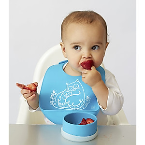 modern-twist Bucket-Bib 100% Food-Grade Silicone, Waterproof and Reusable, Owls – Electric Blue