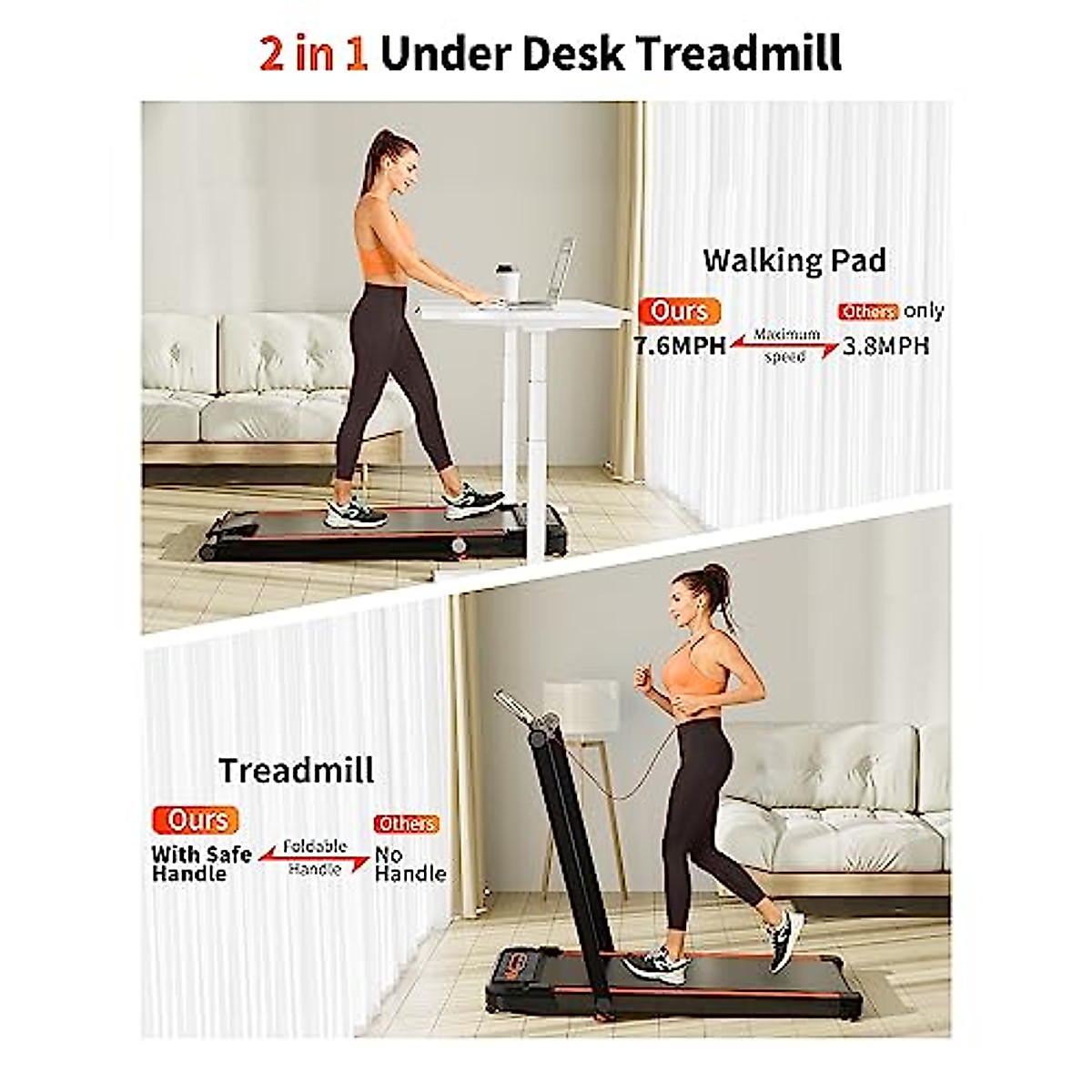 THERUN 2.5HP Treadmill, 2 in 1 Under Desk Walking Pad Treadmill, Electric Compact Space Folding Treadmill for Home Office with LED Touch Screen 0.6-7.6MPH Wider Running Belt, No Assembly Needed
