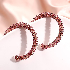Rhinestone Hoop Earring Sparkly Crystal Wrapped Hoop Dangle Earrings for Women Statement Boho Gold Black Plated CZ Diamonds Hoop Earring Holiday Gifts (rose gold hoop+pink crystal)