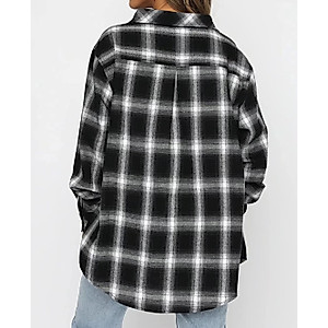 Lacozy Women’s Long Sleeve Buffalo Plaid Flannel Shirt Basic Button Down High Low Hem Tops Black Medium