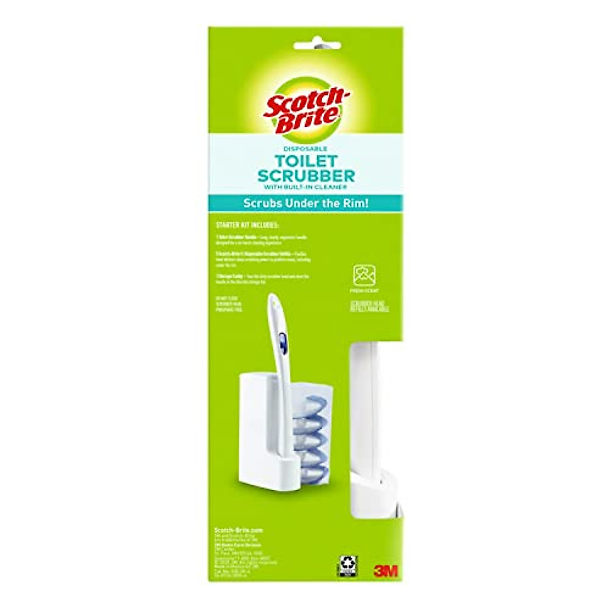 Scotch-Brite Disposable Toilet Scrubber Starter Kit, Disposable Refills with Built-In Bleach Alternative, Includes 1 Handle, Storage Caddy and 5 Refills