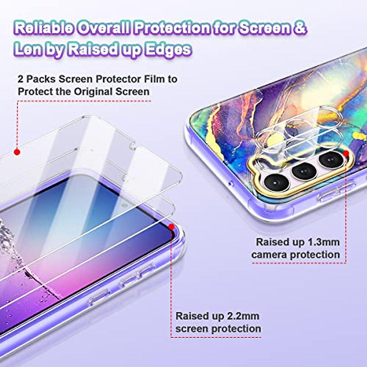 Rancase for Galaxy S23 5G Case,[2 Tempered Glass Screen Protector + 2 Camera Lens Protector ] Marble Pattern Slim Shockproof Protective Soft Women Girls Cover for Samsung Galaxy S23,Purple