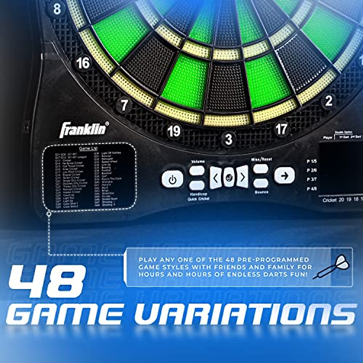 Franklin Sports Light Up Electronic Dart Board Set - LED Soft Tip Electric Dartboard with Digital Scoreboard - Adults + Kids Set - (6) Darts Included, Black/Green, 15"