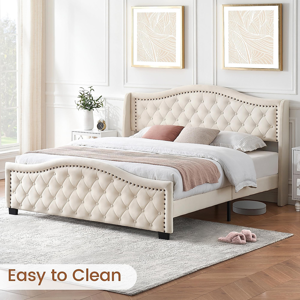 IDEALHOUSE King Size Upholstered Platform Bed Frame with Tall Headboard 47.2", King Bed with Velvet Button Tufted & Nailhead Trim Wingback Headboard, Luxurious Arched Footboard, Beige