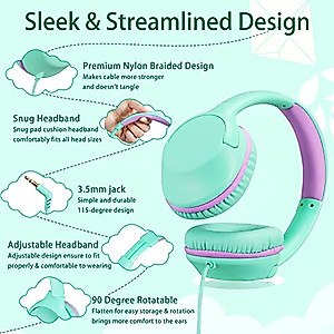 POWMEE Kids Headphones Over-Ear Headphones for Kids/Teens/School with 94dB Volume Limited Adjustable Stereo 3.5MM Jack Wire Cord for Fire Tablets/Travel/PC/Phones(Mint Green)