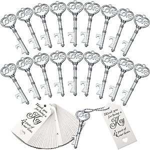 100 Sets Skeleton Key Bottle Openers for Bridal Shower Favors Wedding Souvenirs Gifts for Guests Love Heart Silver Bottle Openers and Tags and Keychain As Vintage Wedding Favors Party Keepsake Favors