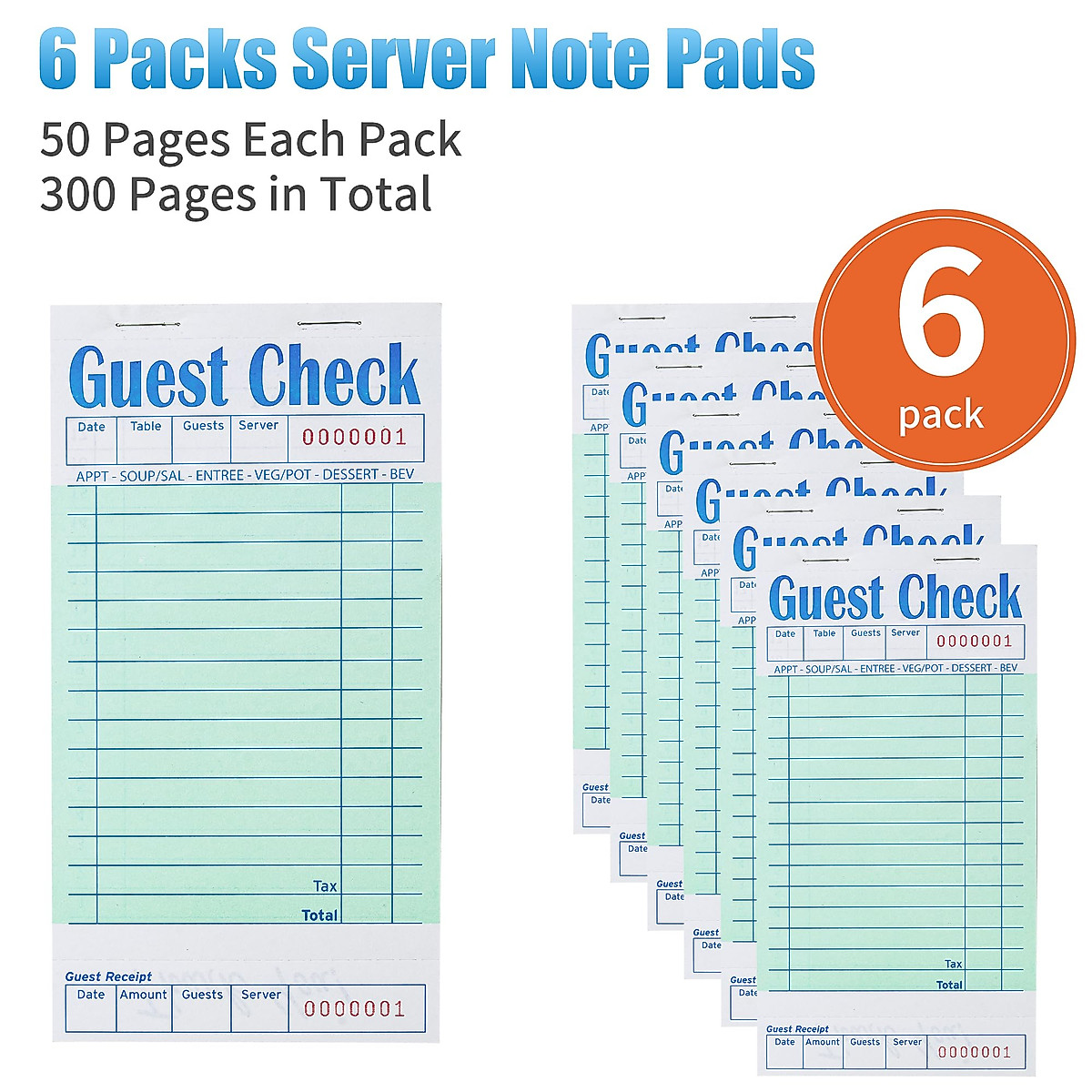 ZPARIK 6 Pack Guest Checks Books for Servers Server Note Pads, Waiter Checkbook, Waitress Notepad for Restaurants, Paper Checks 50 Sheets/Pack, 300 Total Tickets