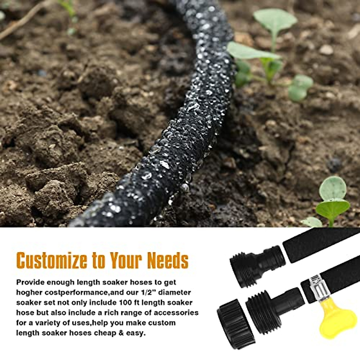 Soaker Hose 100ft for Garden Beds Solid Brass Interface Irrigation Save 70% Water Heavy Duty Rubber 1/2" Diameter Great for gardens/flower beds Accessories Contain Various Connections