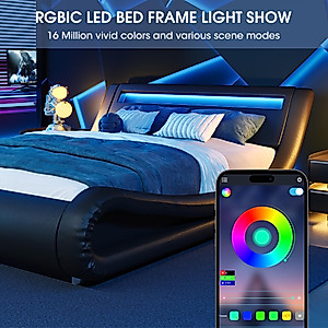 WEEWAY Modern Queen Bed Frame with RGBW LED Lights Headboard, Low Profile Upholstered Platform Sleigh Design, Strong Wood Slats Support, No Box Spring Needed, Black