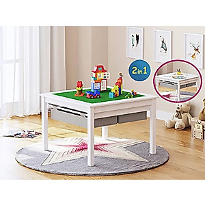UTEX 2 in 1 Kids Construction Play Table with Storage Drawers and Built in Plate (White)