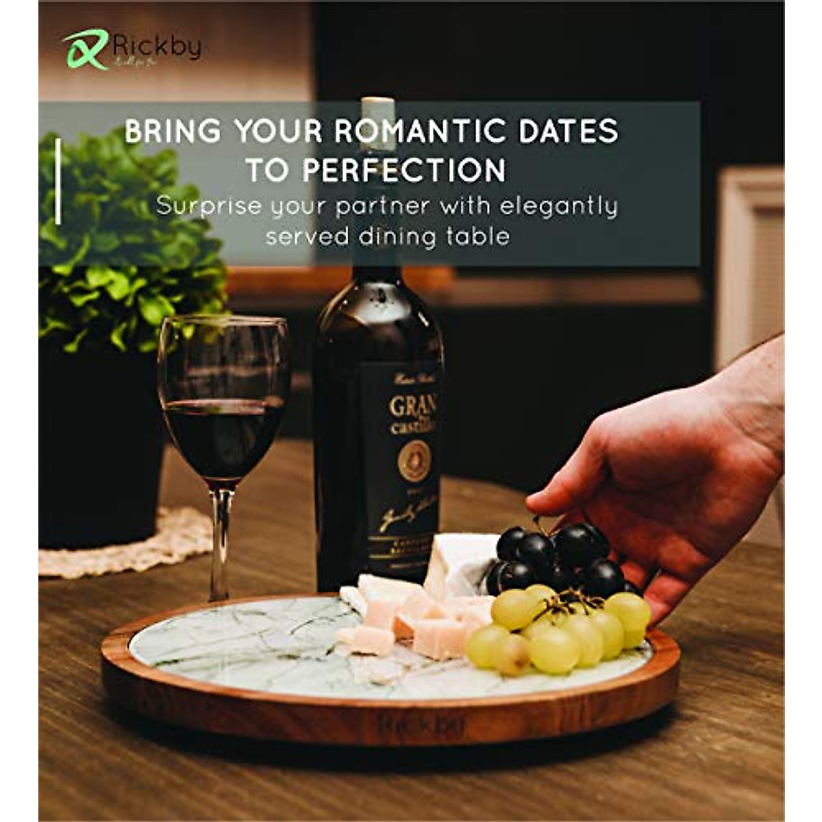 12" Acacia Wood Lazy Susan Turntable for Table Top With Removable Marble Texture Glass Plate for Dining Table Turntable Wooden Lazy Susan for Countertop